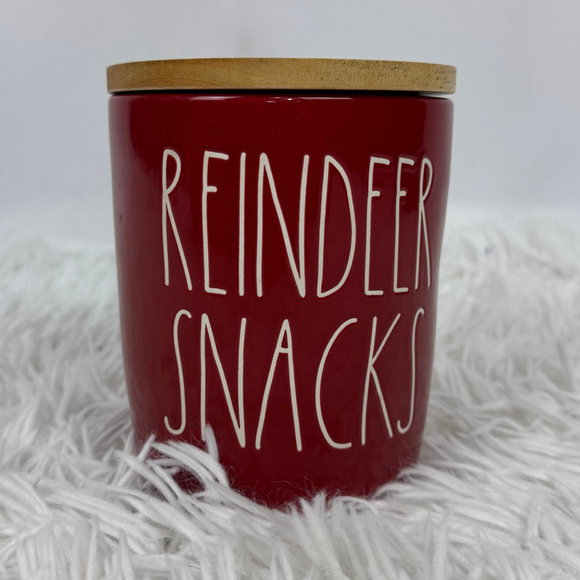 Rae Dunn | Kitchen | Rae Dunn Reindeer Snacks Canister Red With Wood ...